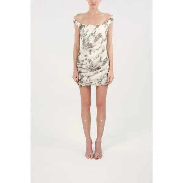 NOCTURNE Abstract Print Off Shoulder Ruched Mini Dress