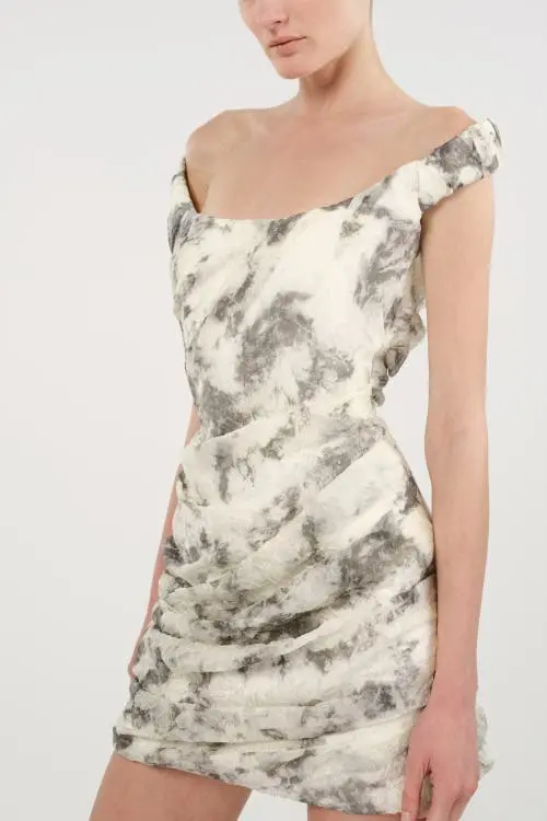 NOCTURNE Abstract Print Off Shoulder Ruched Mini Dress