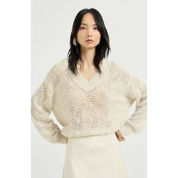 Brunello Cucinelli Dazzling Abstract Leaf Sweater In Mohair And Wool - Cream