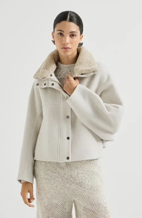 Brunello Cucinelli Hand-crafted Outerwear Jacket In Virgin Wool And Cashmere Double Cloth With Detachable Shearling Insert - Ivory