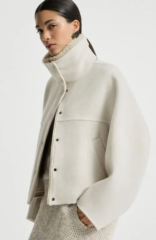 Brunello Cucinelli Hand-crafted Virgin Wool And Cashmere Double Cloth Jacket With Detachable Shearling Collar - Ivory