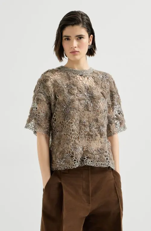 Brunello Cucinelli Whispering Bloom Embroidery Knit T-shirt In Sparkling Mohair And Wool - Pine Cone Brown