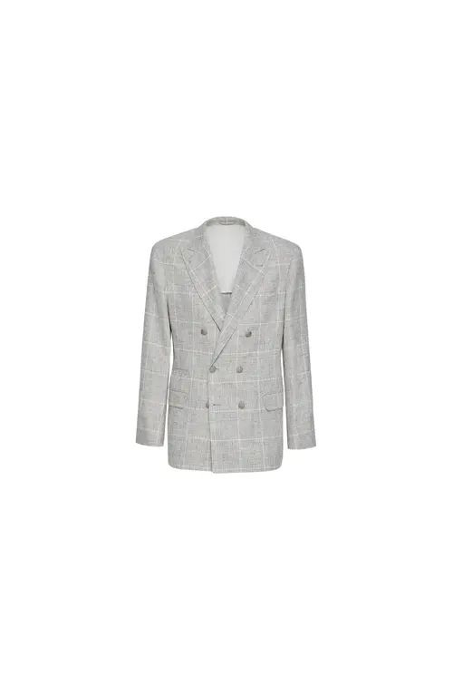 Brunello Cucinelli Linen Prince Of Wales One-and-a-half Breasted Deconstructed Blazer With Metal Buttons - Panama