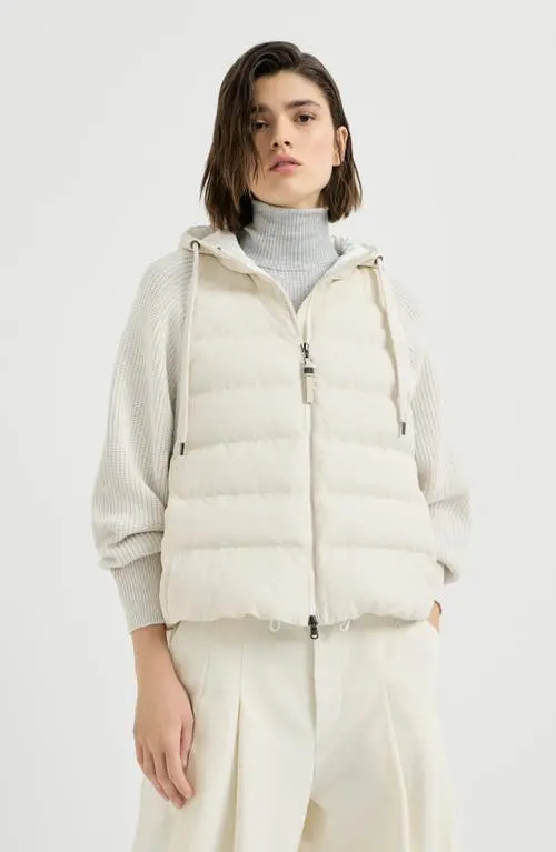 Brunello Cucinelli Water-resistant Matte Nylon Hooded Down Jacket With Knit Sleeves And Monili - White