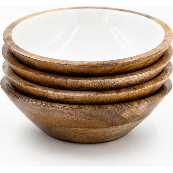 JEANNE FITZ Wood + White Collection Mango Wood, Set Of 4 Serving Bowls - White/brown