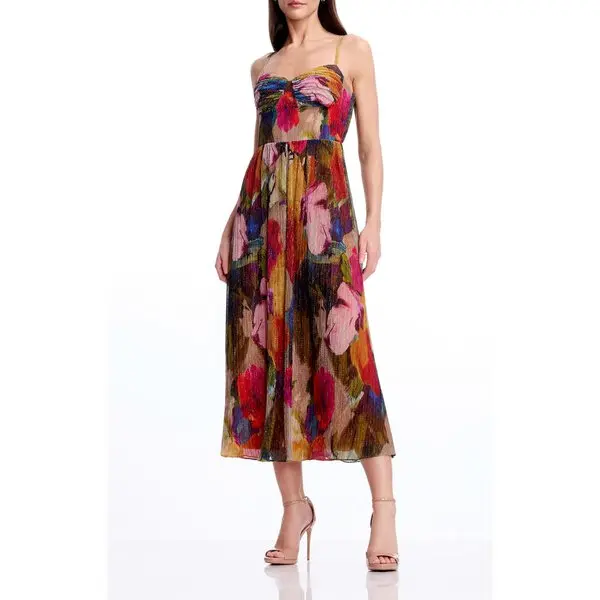 Dress The Population Zola Metallic Floral Midi Dress - Bright Rose Multi