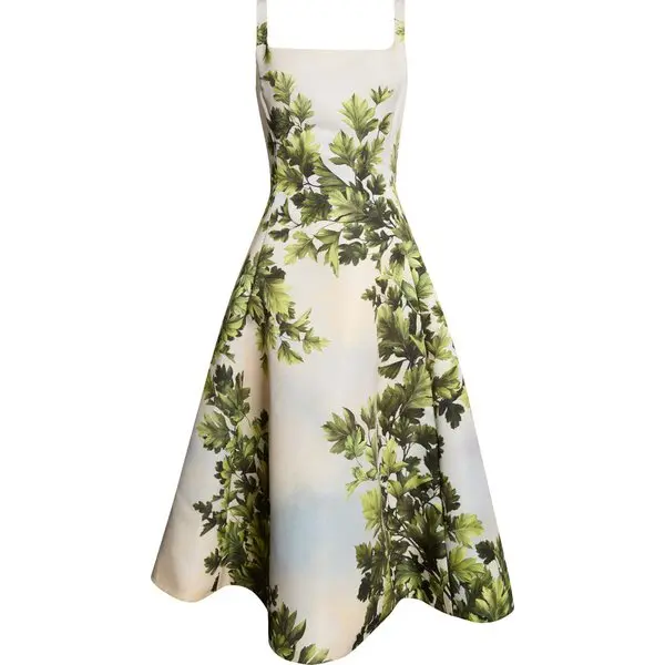 Oscar De La Renta Maple Leaves Faille Fit & Flare Midi Dress - Green Multi