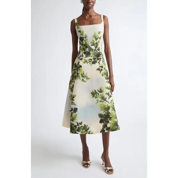Oscar De La Renta Maple Leaves Print Fit & Flare Midi Dress - Green Multi
