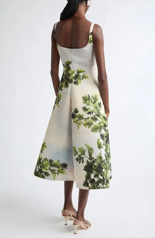Oscar De La Renta Maple Leaves Print Fit & Flare Midi Dress