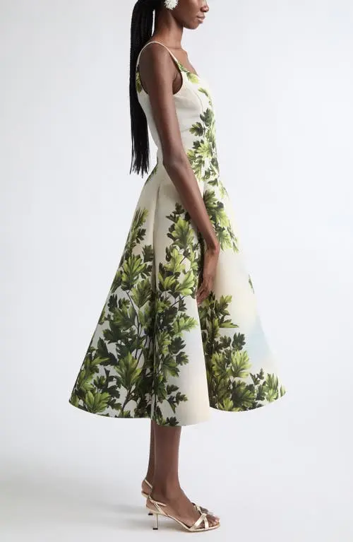 Oscar De La Renta Maple Leaves Print Fit & Flare Midi Dress