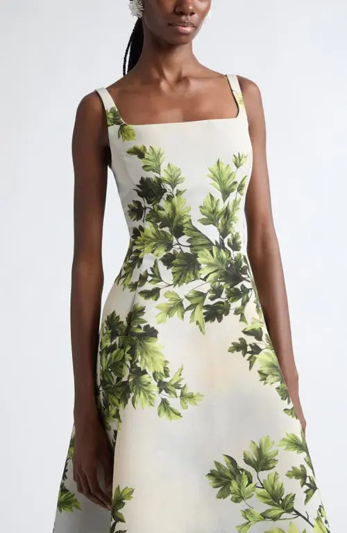 Oscar De La Renta Maple Leaves Print Fit & Flare Midi Dress