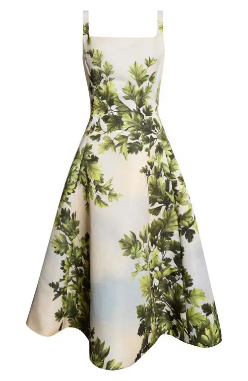 Oscar De La Renta Maple Leaves Print Fit & Flare Midi Dress