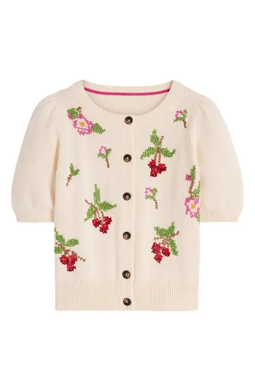 Boden Embroidered Cotton & Cashmere Cardigan With Puff Sleeves