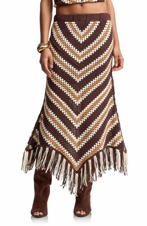 Avec Les Filles Chevron Crochet Fringe Midi Skirt - Brown Multi