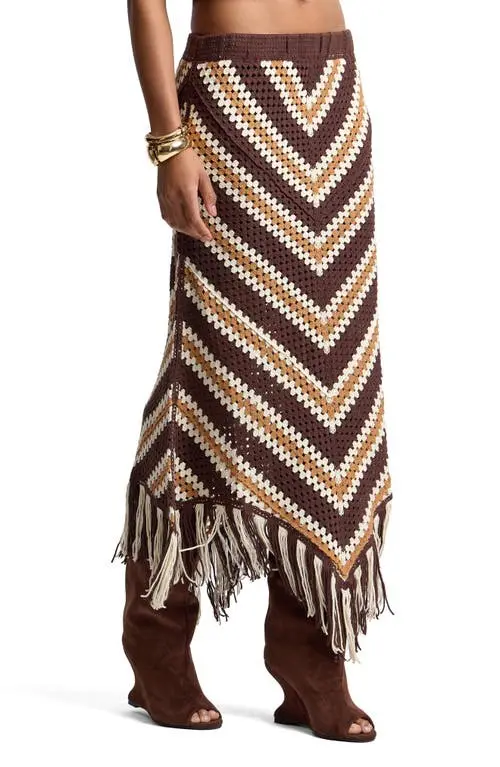 Avec Les Filles Chevron Crochet Fringe Midi Skirt