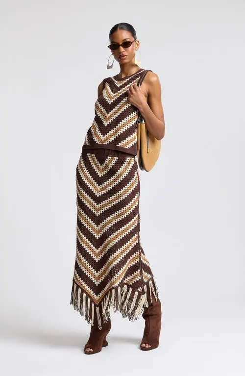 Avec Les Filles Chevron Crochet Fringe Midi Skirt