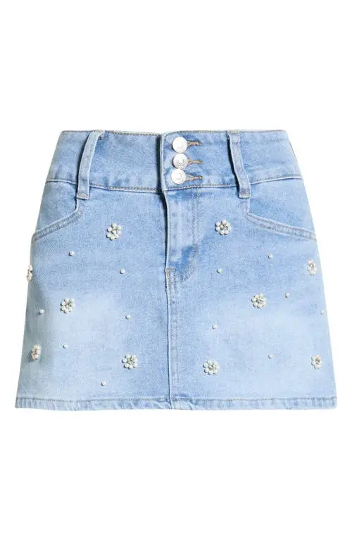 FADE OUT LOUD Simone Faux Pearl Embellished Denim Miniskirt