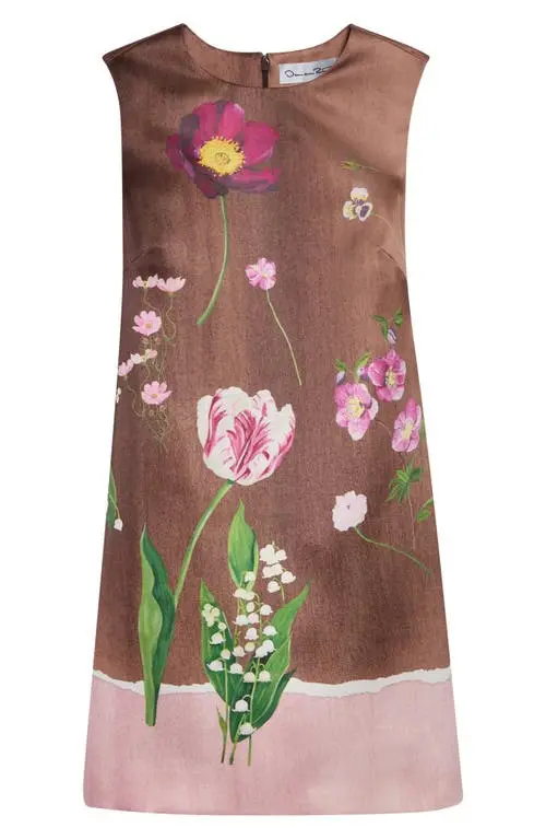 Oscar De La Renta Mixed Botanical Satin Shift Minidress - Blush/brown