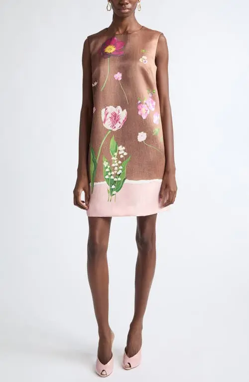 Oscar De La Renta Mixed Botanical Print Satin Mini Dress