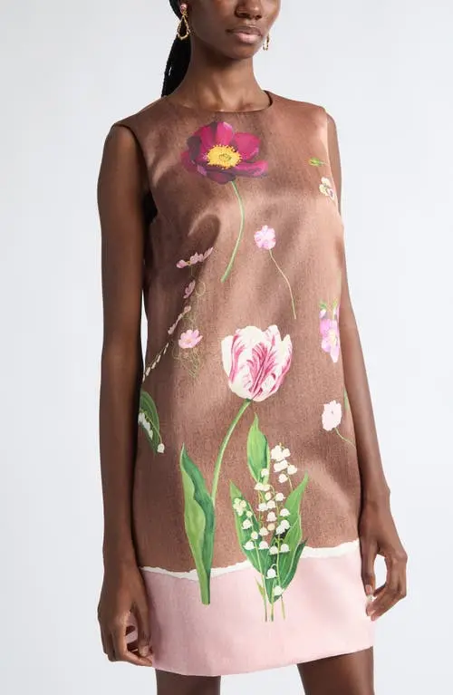 Oscar De La Renta Mixed Botanical Print Satin Mini Dress