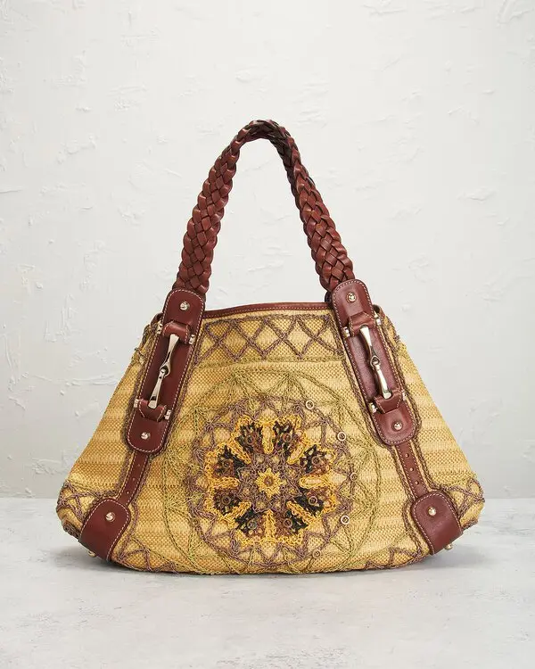 FWRD RENEW Gucci Raffia Pelham Embroidered Hobo Bag