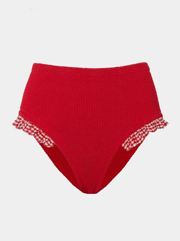Hunza G High Waist Bikini Bottom With Ruffle Trim - Red Gingham