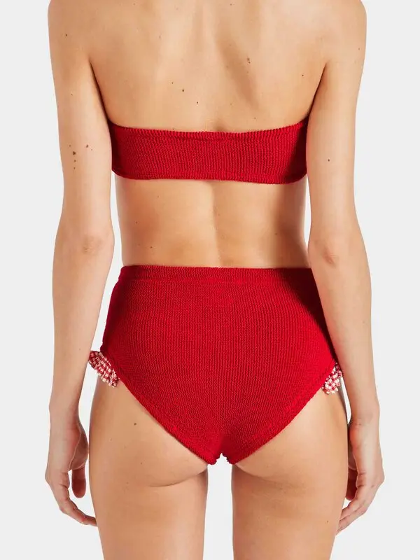 Hunza G High Waist Bikini Bottom With Ruffle Trim - Red Gingham