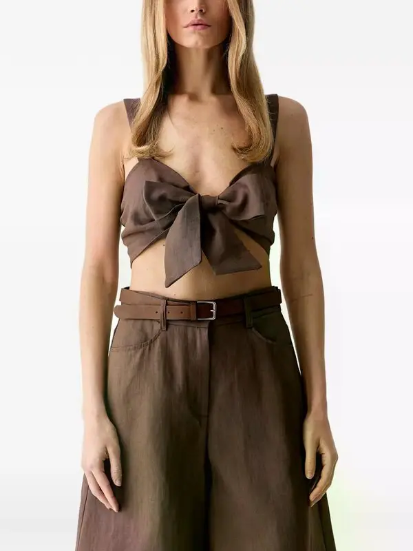 VICOLO Bow Detail Shirred Cropped Top - Brown