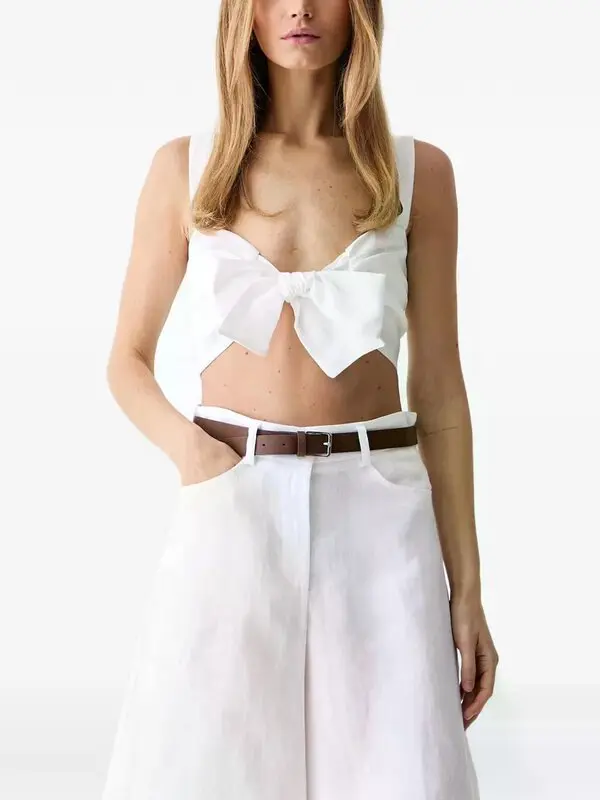 VICOLO Bow Detail Shirred Cropped Top - White