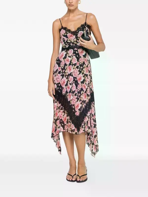 NISSA Pleated Floral Print Midi Dress With Lace Inserts