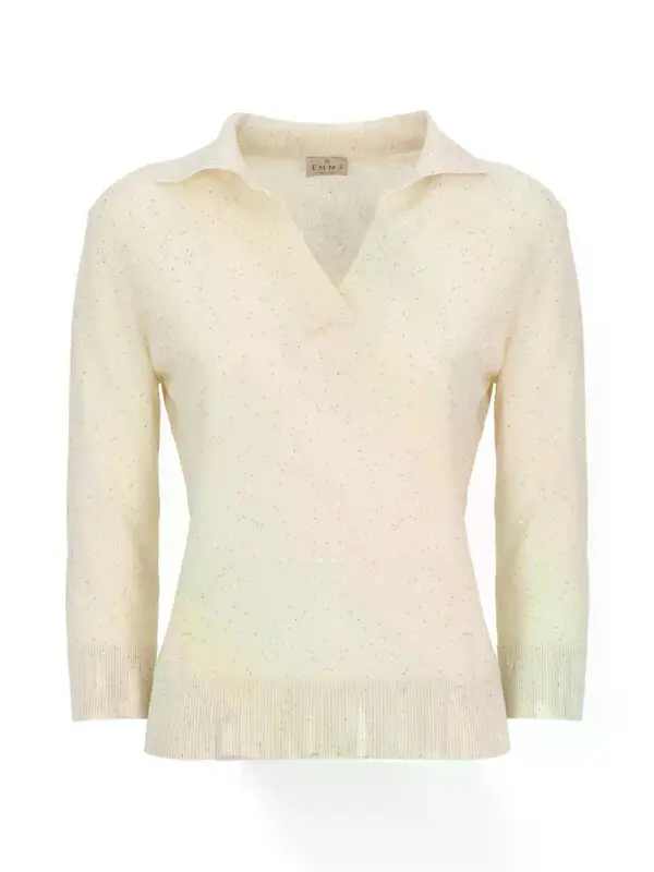 EMME Sequin-embellished Quarter-sleeved Polo-collar T-shirt - Yellow
