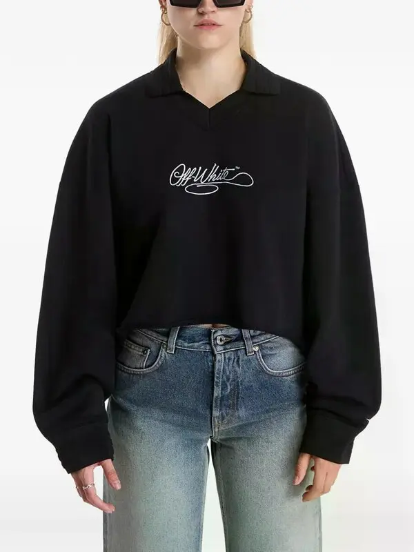 Off-White Logo-embroidered Polo-collar Sweater - Black