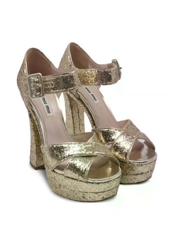 Miu Miu Glitter Platform Block Heel Mary Jane Sandals
