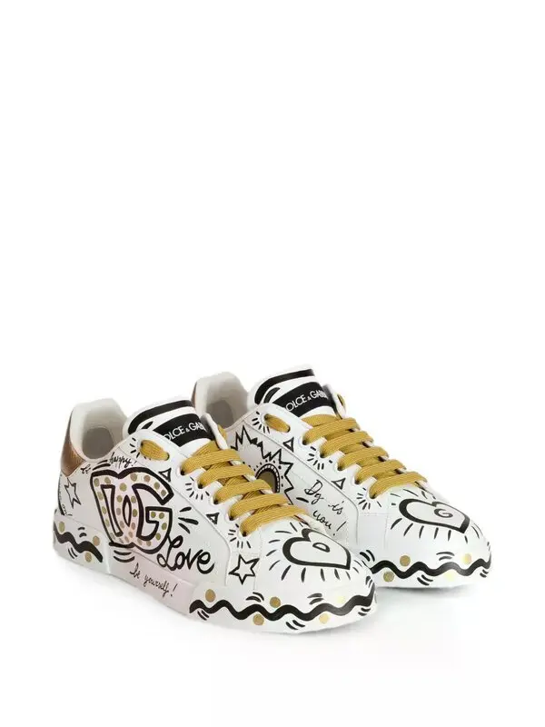 Dolce & Gabbana Hand-painted Calfskin Portofino Sneakers - White