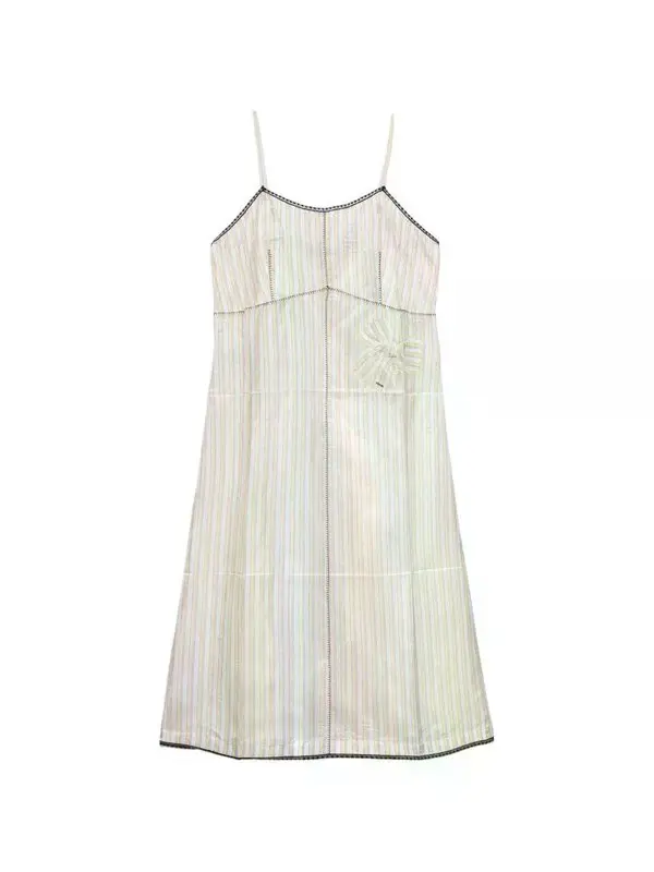 Prada Striped Midi Dress With Lace Trim And Bow Appliqu - Neutrals