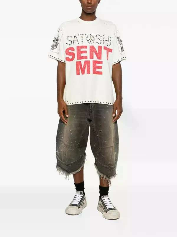 SATOSHI NAKAMOTO Stud-embellished Skull-print T-shirt - Neutrals