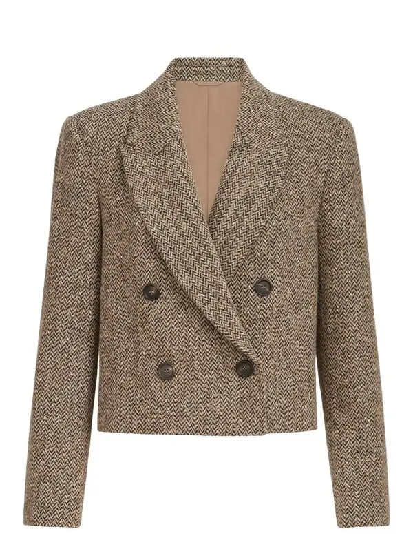 Brunello Cucinelli Sparkling Virgin Wool Chevron Cropped Blazer - Brown