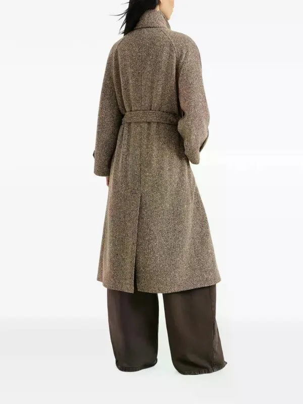 Brunello Cucinelli Sparkling Virgin Wool Chevron Belted Coat With Monili - Brown