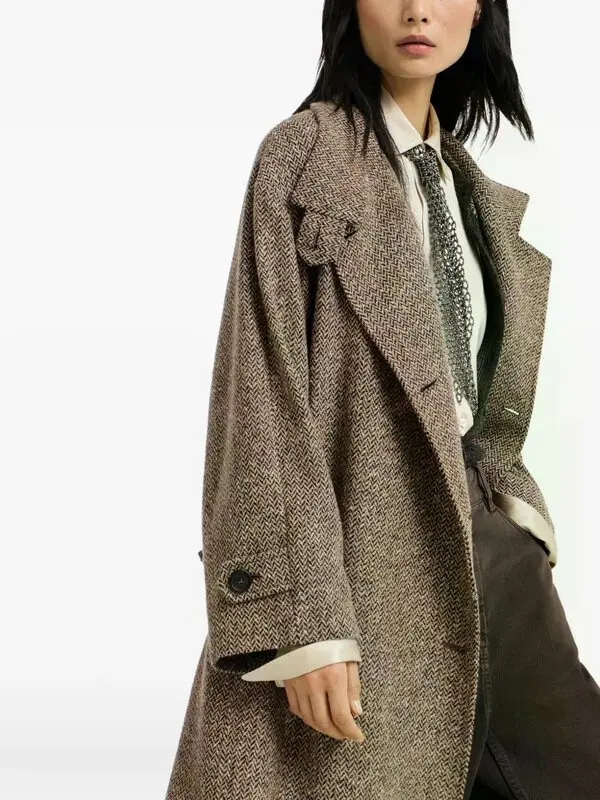 Brunello Cucinelli Sparkling Virgin Wool Chevron Belted Coat With Monili - Brown