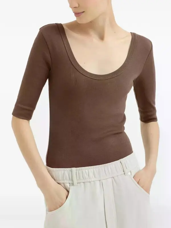 Brunello Cucinelli Stretch Cotton Ribbed Jersey T-shirt With Monili Decoration - Brown