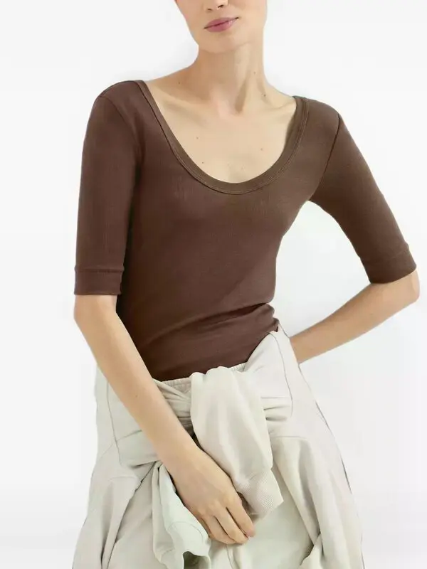 Brunello Cucinelli Stretch Cotton Ribbed Jersey T-shirt With Monili Decoration - Brown