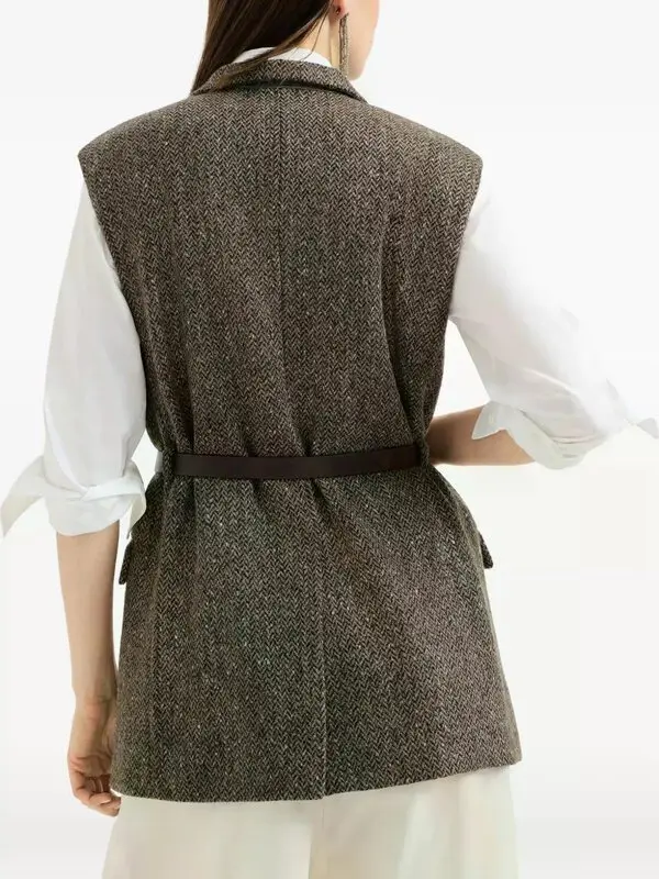 Brunello Cucinelli Chevron Pattern Belted Virgin Wool Vest