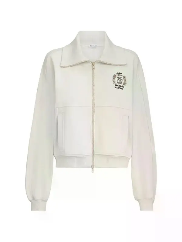 Brunello Cucinelli Cotton Smooth French Terry Sweatshirt With Zip And Embroidered Logo - White