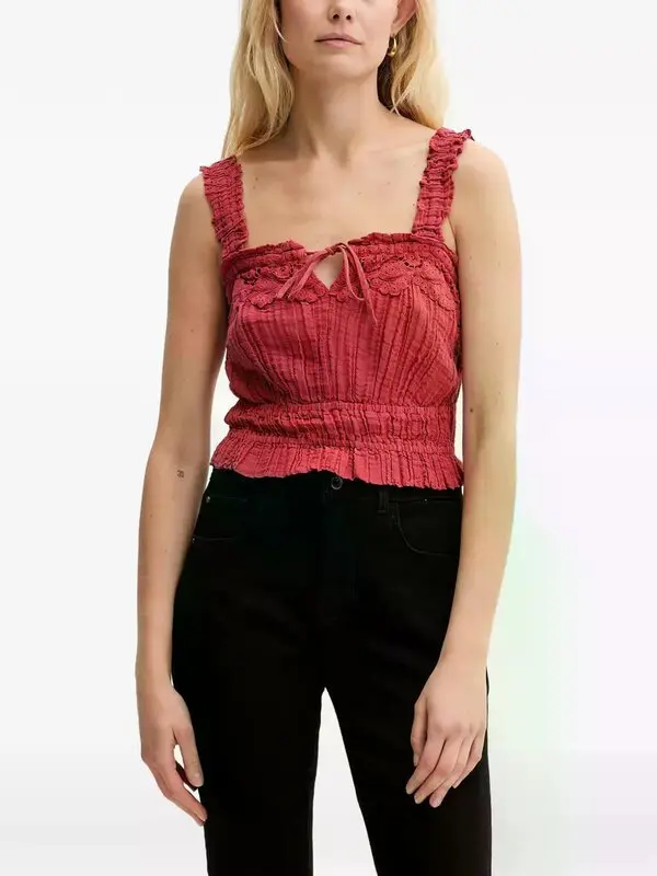 Guess Reya Smocked Broderie-anglaise Top - Red