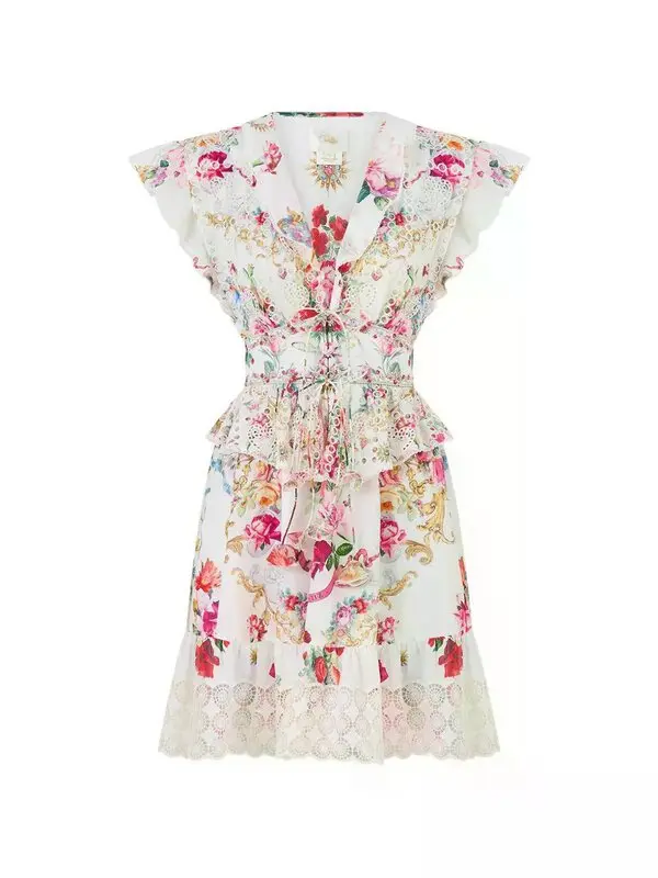 Camilla Floral Print Ruffled V-neck Dress - White