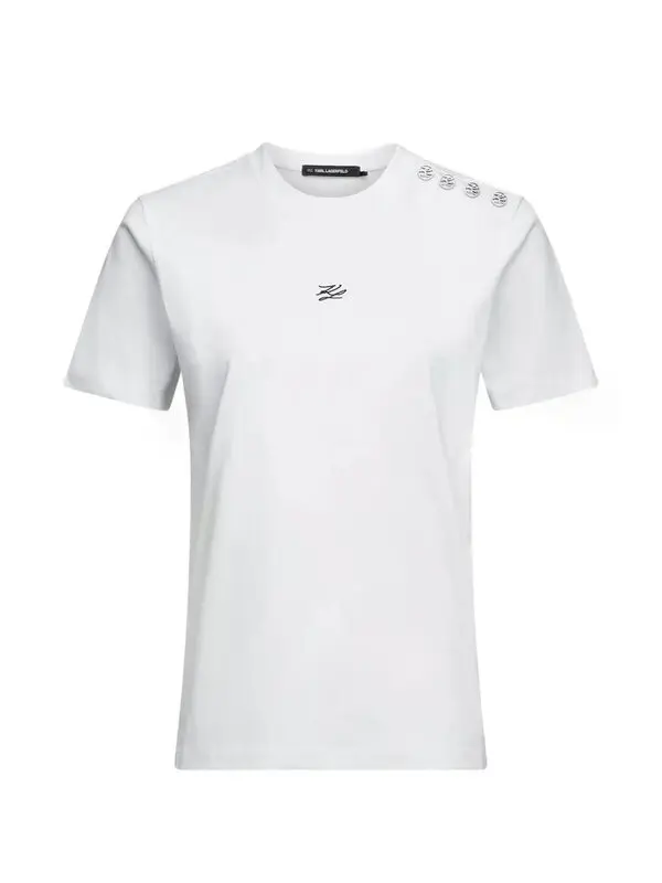 Karl Lagerfeld Logo-embroidered T-shirt With Button Detail - White