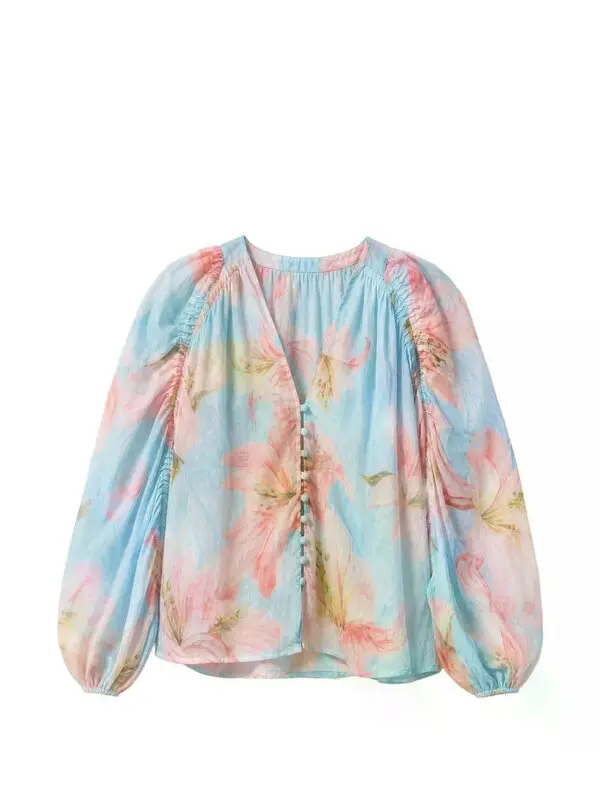 NEMA Floral-print Puffed-sleeve Blouse - Blue