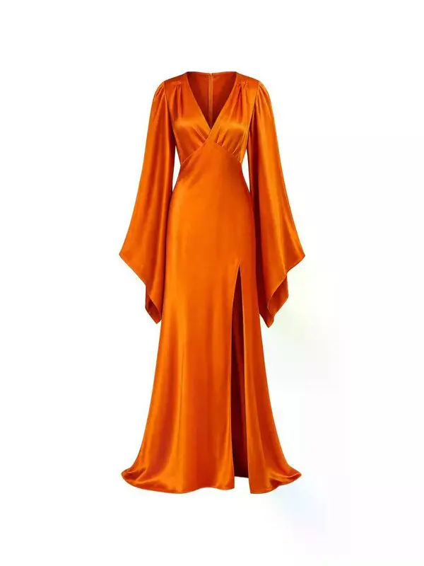 NEMA Satin-finish Flared-sleeve Maxi Dress - Orange