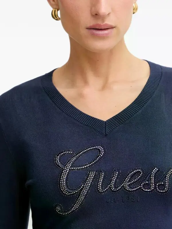 Guess Crystal Embellished Logo Print V-neck Sweater