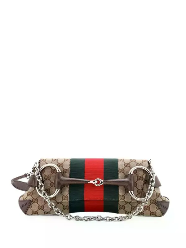 Gucci Horsebit Nm Web Chain Clutch Gg Canvas Medium Shoulder Bag - Brown